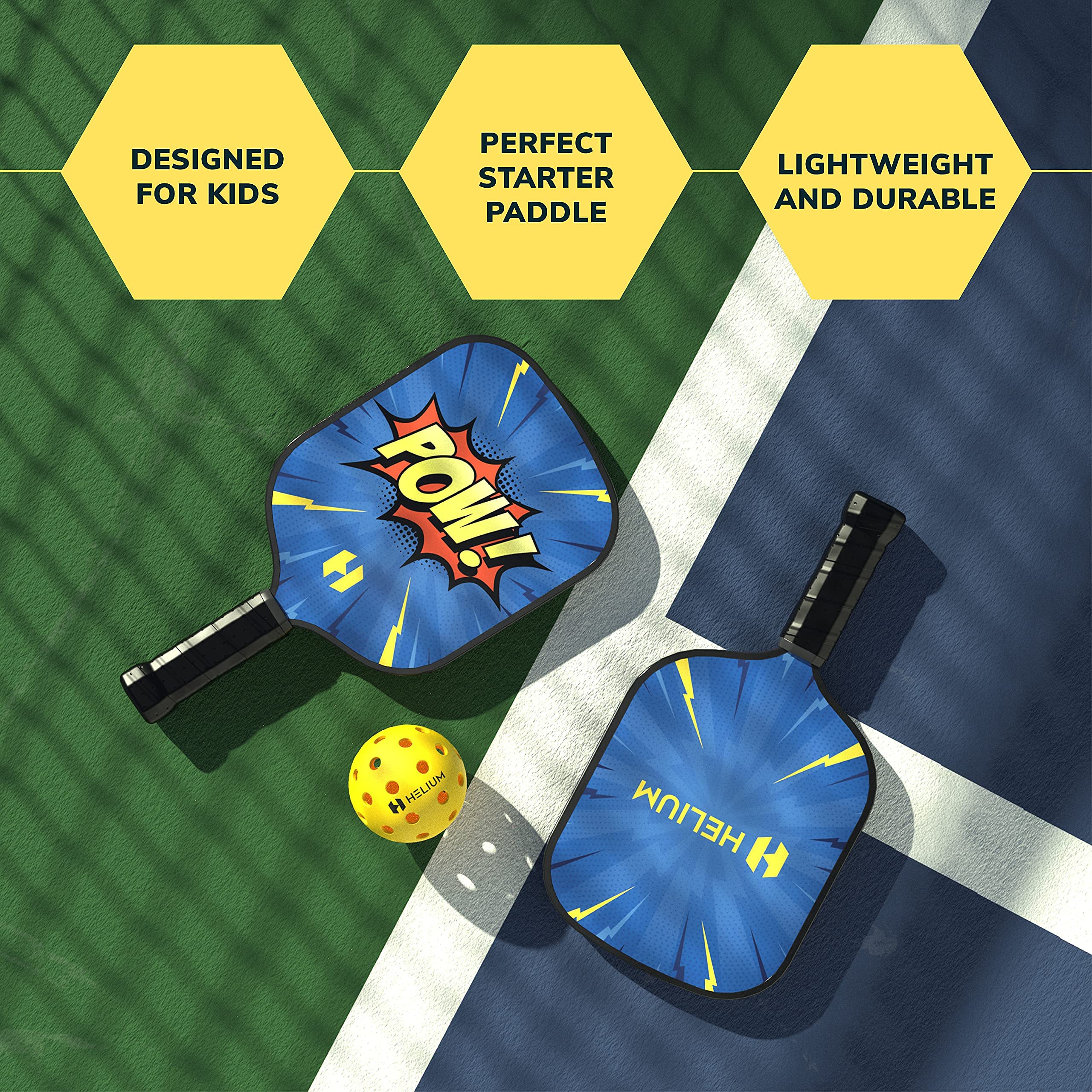 Helium Pickleball Paddle for Kids – Child Size Paddle for Children Under 12, Lightweight Honeycomb Core, Graphite Strike Face, Pickleball Paddle & Drawstring Bag - POW!