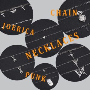 JOERICA 9 PCS Layered Chain Necklaces Set for Women Men Gothic Black Leather Choker Necklaces Adjustable Silver Punk Pendant Necklaces with Lock Heart Butterfly