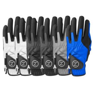 zero friction men's compression-fit synthetic golf glove - universal fit one size (pack of 6), worn on left hand, white/black/grey/blue