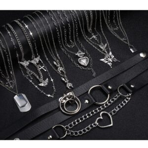 JOERICA 9 PCS Layered Chain Necklaces Set for Women Men Gothic Black Leather Choker Necklaces Adjustable Silver Punk Pendant Necklaces with Lock Heart Butterfly