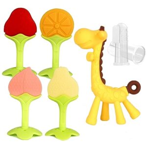 fu store baby teething toys (7 pack) for newborn bpa free infant toddler silicone fruit giraffe teethers finger toothbrush strawberry orange peach pear soothe babies gums set with storage case