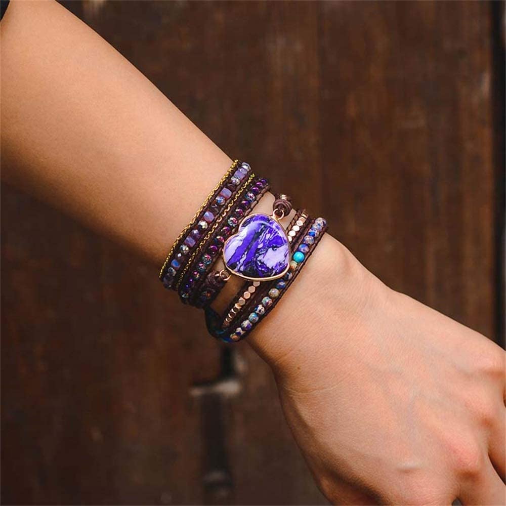 Teepollo Bohemian Leather Wrap Bracelets for Women-Beaded Heart Love Jasper Emperor Natural Stone Healing Energy Boho Hippie Bracelet for Girls Ladies Accessories Jewelry