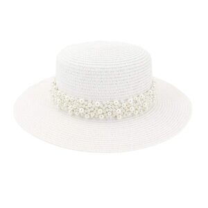 adahop women travel sun hat flat outdoor travel straw pearl weaving belt hat beach top hat cap for women white