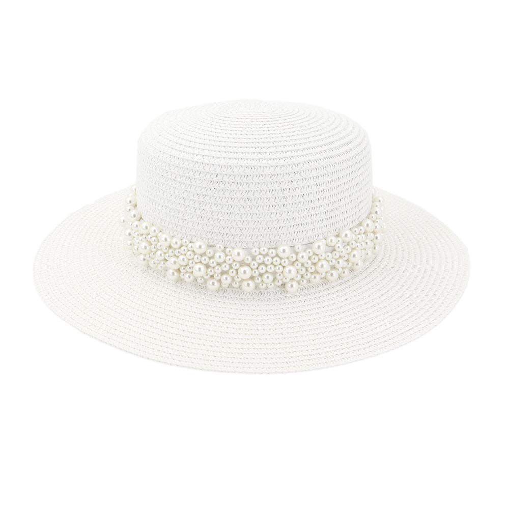 ADAHOP Women Travel Sun Hat Flat Outdoor Travel Straw Pearl Weaving Belt Hat Beach Top Hat Cap for Women White