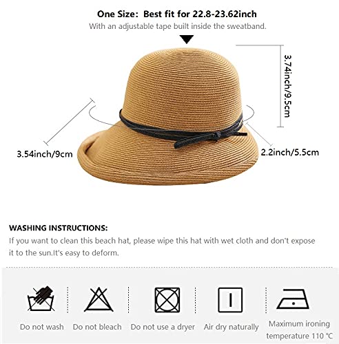 Womens Wide Brim Sun Hat,Elegant Structured Curved Fedora Floppy Beach Straw Hat, UPF50+ Beige