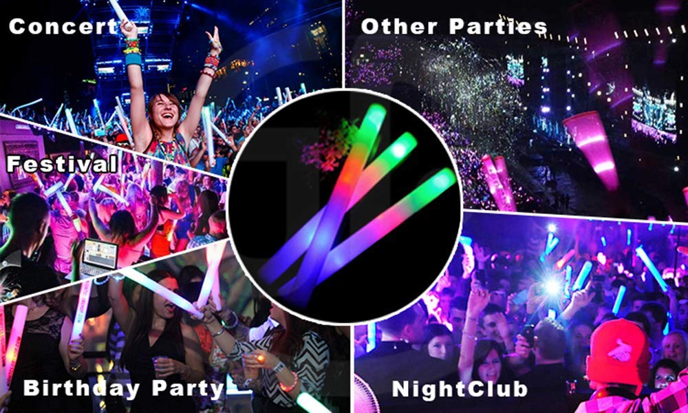 100 LED Foam Sticks Multi Color Flashing Glow Wands, Batons, Strobes, 3 Flashing Modes - Party, DJ, Concerts, Festivals, Birthdays, Weddings, Events, Promotions