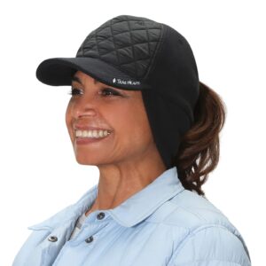 trailheads women's winter ponytail hat | trucker hat with drop down ear warmers | quilted hat - black