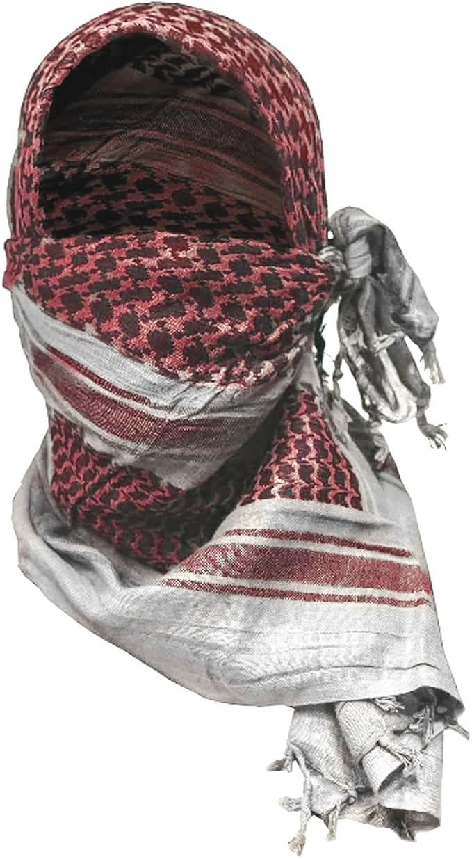 M MCGUIRE GEAR Shemagh Tactical Scarf, Middle Eastern Desert Scarf, Arab Scarf, Keffiyeh, Military Style, 42" x 42", Bandana, Hood, White/Red, 100% Cotton