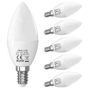 oraluce e12 led candelabra light bulbs - 40 watt equivalent, 3000k warm white chandelier non-dimmable, type b light bulb for ceiling fan, 5w 450lm 6 pack