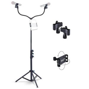 masingo double microphone stand – adjustable from 2.4ft to 6ft inches high – with two bendable arms and smart device holder – stand up tripod base (black) 2022 model