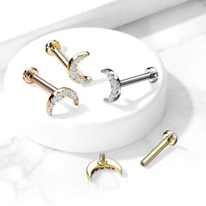 Pierced Owl 16GA Stainless Steel Internally Threaded Crystal Paved Crescent Moon Top Flat Back Lip Cartilage Tragus Stud (Silver Tone, 6mm Barbell)