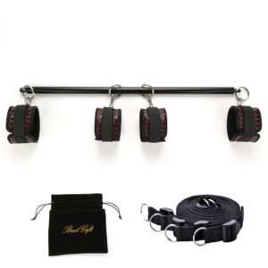 EXREIZST Black Adjustable Expandable Spreader Bar Set and 4 Brown Fur Leather Straps with Nylon Bands Sports Exercise Fitness Training Kit