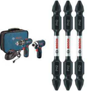 bosch power tools combo kit clpk22-120 - 12-volt cordless tool set with 2 batteries, charger and case & itdeph22503 3 pc. 2.5 in. phillips #2 double-ended impact tough screwdriving bit