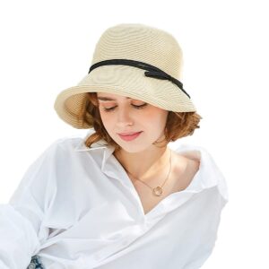 Womens Wide Brim Sun Hat,Elegant Structured Curved Fedora Floppy Beach Straw Hat, UPF50+ Beige