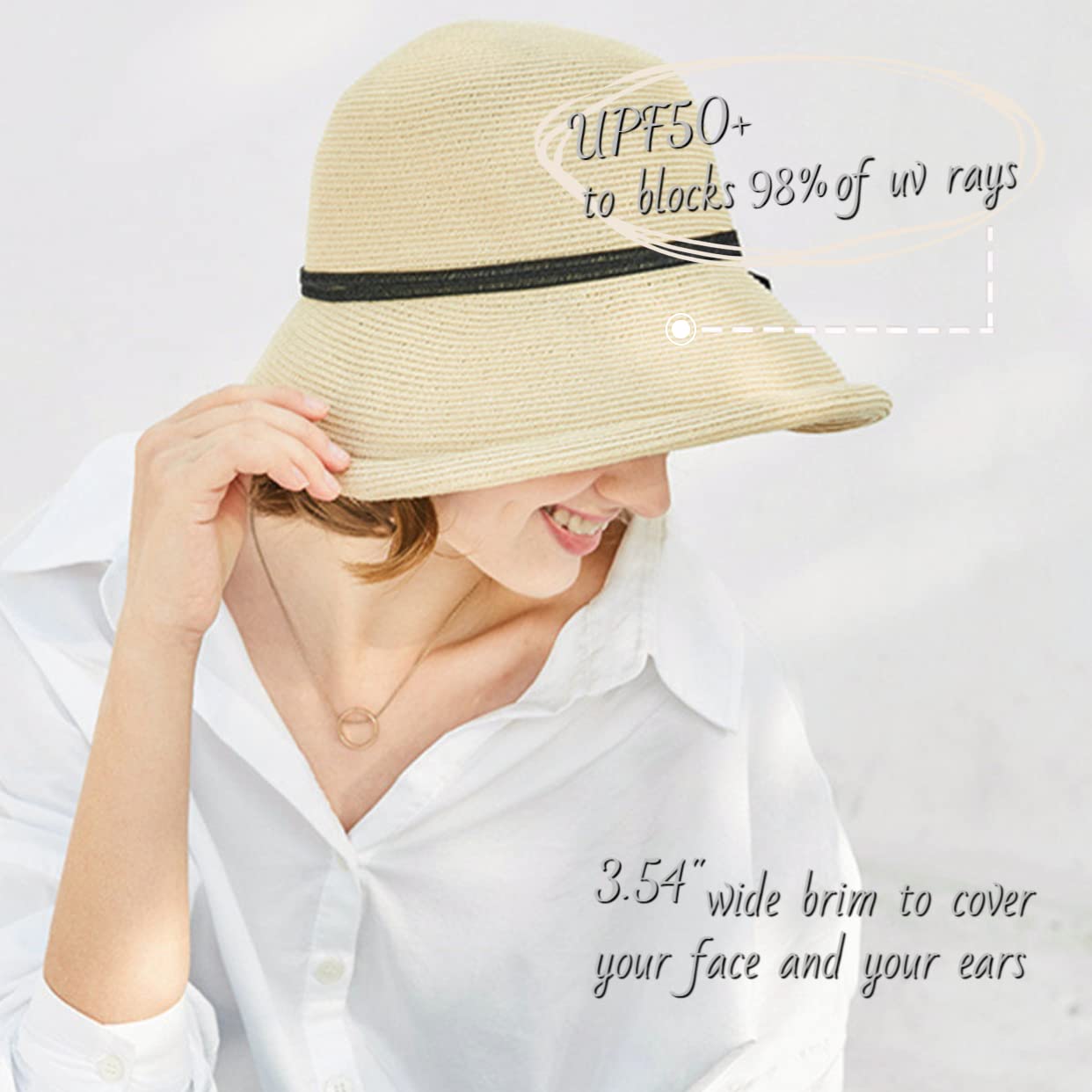 Womens Wide Brim Sun Hat,Elegant Structured Curved Fedora Floppy Beach Straw Hat, UPF50+ Beige