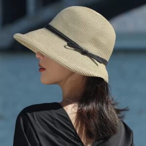 Womens Wide Brim Sun Hat,Elegant Structured Curved Fedora Floppy Beach Straw Hat, UPF50+ Beige