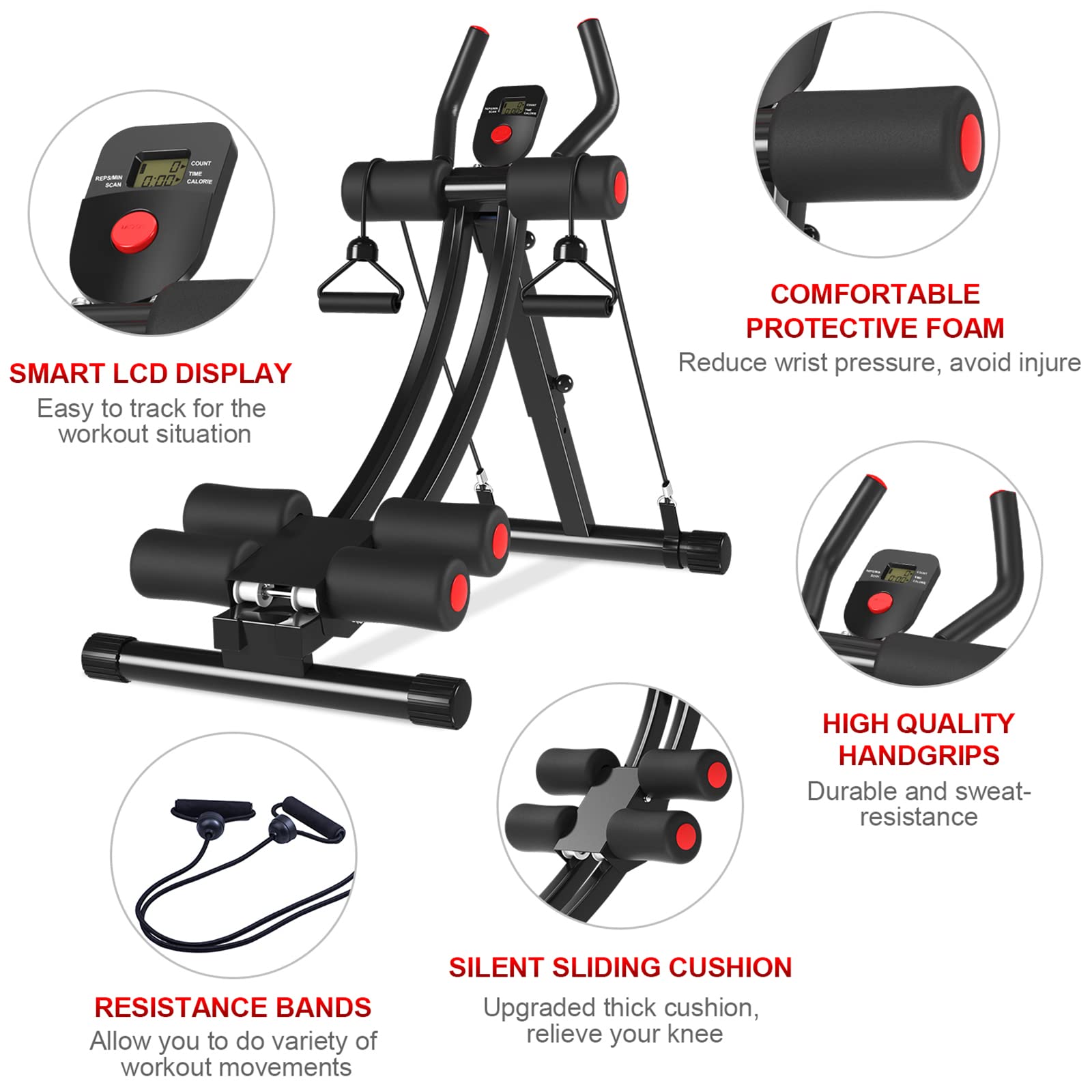 KESHWELL Ab Machine,Abs Workout Equipment for Home Gym,Whole Body Workout Waist Trainer for Women,Adjustable Abdominal Cruncher,Foldable Core Abs Exercise Machine with Resistance Bands&LCD Display