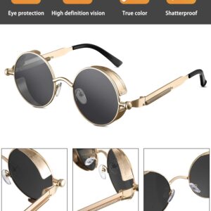 Weewooday 4 Pieces Retro Round Steampunk Sunglasses Vintage Hippie Style Circle Lens Metal Frame Eyewear for Men Women (Red, Black, Gray Lens)