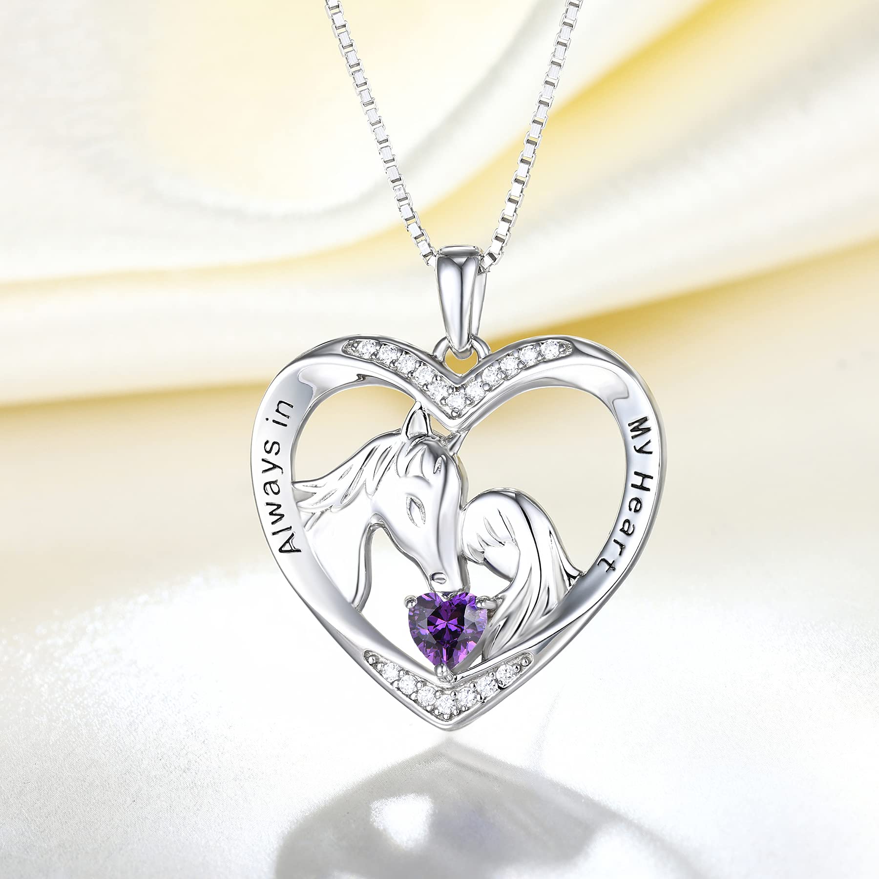 YL Horse Necklace 925 Sterling Silver Heart Pendant Created Amethyst Animals Jewelry for Women