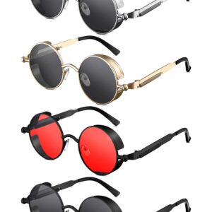 Weewooday 4 Pieces Retro Round Steampunk Sunglasses Vintage Hippie Style Circle Lens Metal Frame Eyewear for Men Women (Red, Black, Gray Lens)