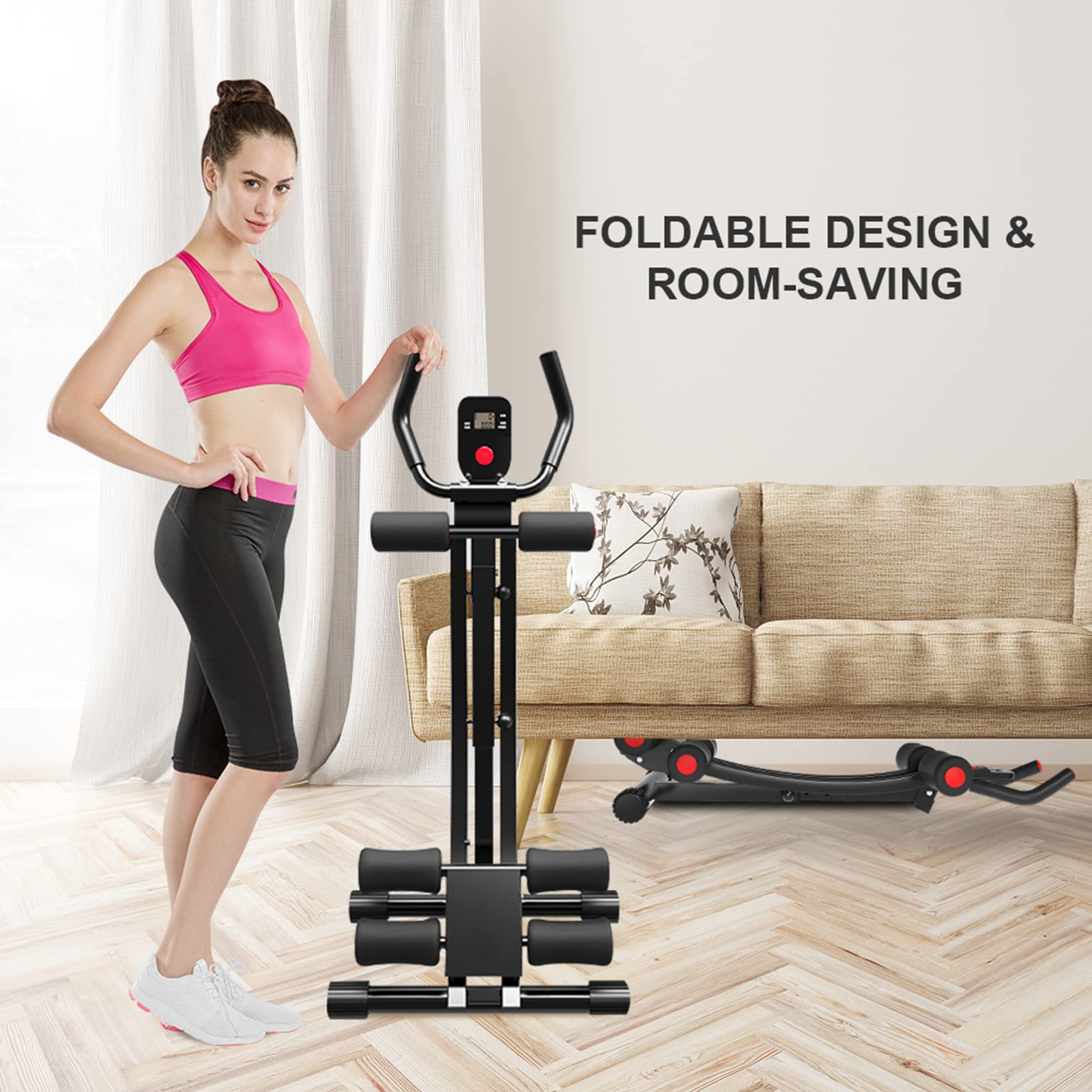 KESHWELL Ab Machine,Abs Workout Equipment for Home Gym,Whole Body Workout Waist Trainer for Women,Adjustable Abdominal Cruncher,Foldable Core Abs Exercise Machine with Resistance Bands&LCD Display