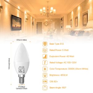 ORALUCE E12 LED Candelabra Light Bulbs - 40 Watt Equivalent, 3000K Warm White Chandelier Non-dimmable, Type B Light Bulb for Ceiling Fan, 5W 450LM 6 Pack