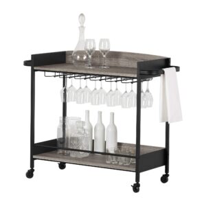 South Shore City Life Bar Cart with Wine Glass Rack, Black and Faux Carrara Marble