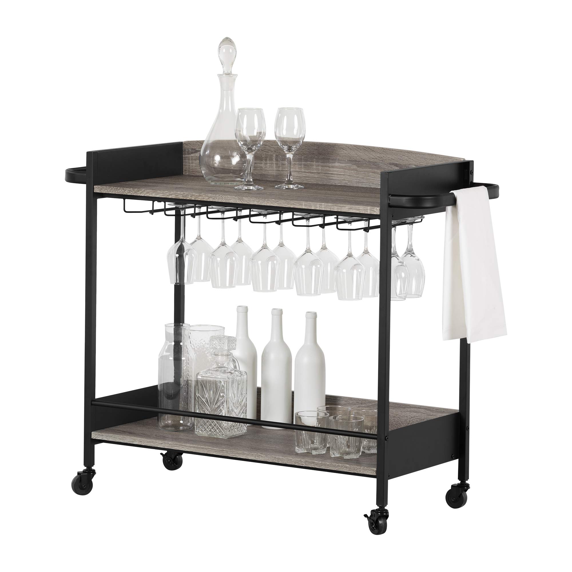 South Shore City Life Bar Cart with Wine Glass Rack, Black and Faux Carrara Marble