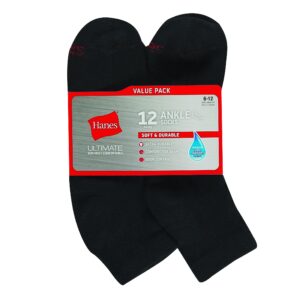 Hanes Ultimate mens Freshiq Cool Comfort Reinforced Ankle Socks, 12-pair Pack Socks, Black, 6 12 US