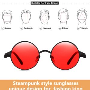 Weewooday 4 Pieces Retro Round Steampunk Sunglasses Vintage Hippie Style Circle Lens Metal Frame Eyewear for Men Women (Red, Black, Gray Lens)