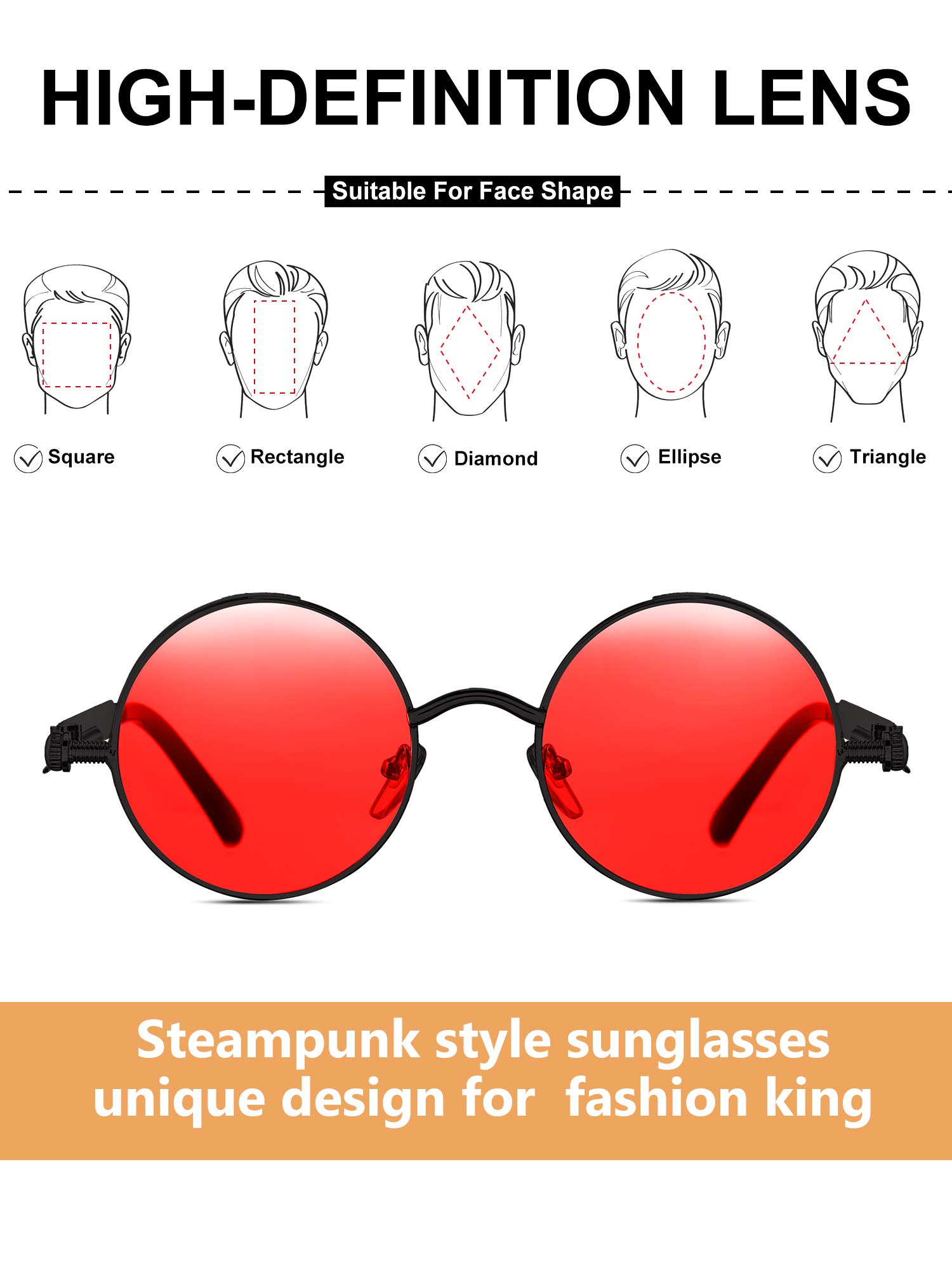 Weewooday 4 Pieces Retro Round Steampunk Sunglasses Vintage Hippie Style Circle Lens Metal Frame Eyewear for Men Women (Red, Black, Gray Lens)