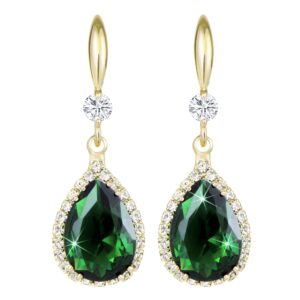 linawe emerald green earrings for women trendy, 14k gold faux diamond rhinestone cubic zirconia crystal earrings, teardrop birthstone lime green earrings, wedding jewelry set