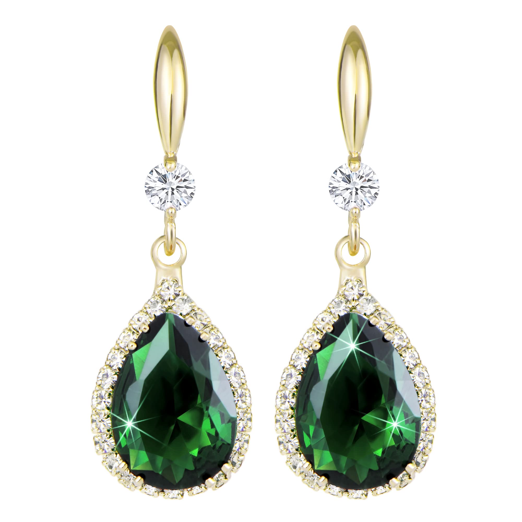 Linawe Emerald Green Earrings for Women Trendy, 14K Gold faux Diamond Rhinestone Cubic Zirconia Crystal Earrings, Teardrop Birthstone Lime Green Earrings, Wedding Jewelry Set