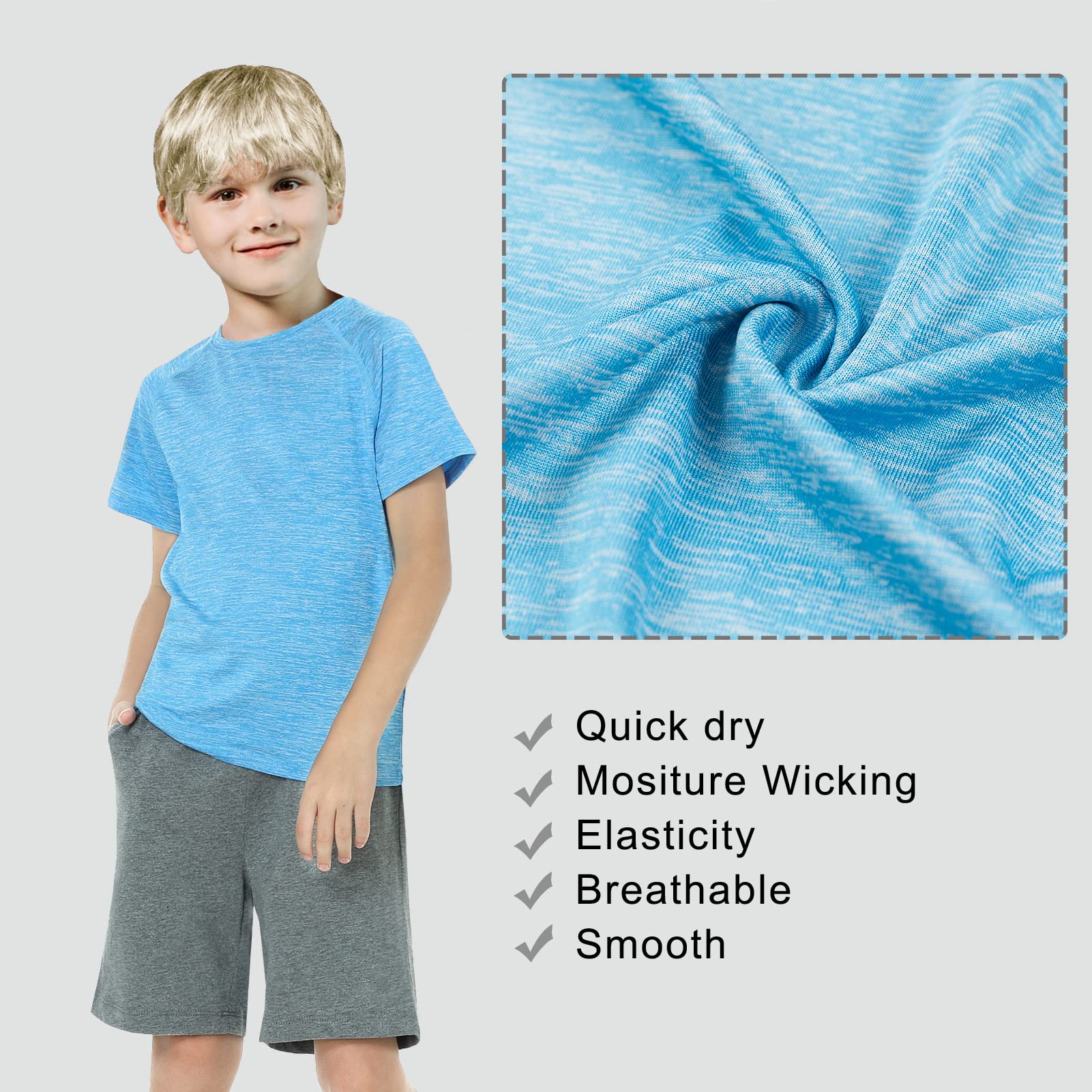 AMERICLOUD Boy's Quick Dry Short-Sleeve T-Shirts Active T Shirts for Boys 3-12 Years Old (Blue-M)