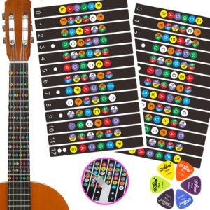 2 pcs self adhesive guitar fretboard stickers & 6 picks - color coded note decals fingerboard frets - best guitar learning tools for beginner learner