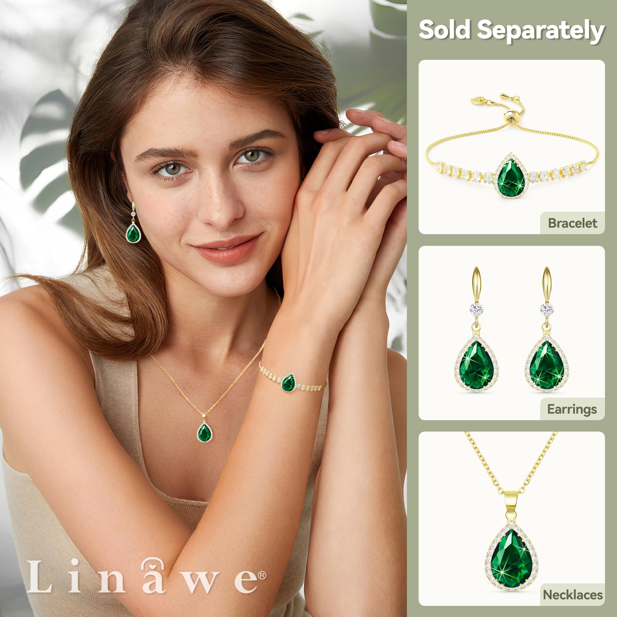 Linawe Emerald Green Earrings for Women Trendy, 14K Gold faux Diamond Rhinestone Cubic Zirconia Crystal Earrings, Teardrop Birthstone Lime Green Earrings, Wedding Jewelry Set