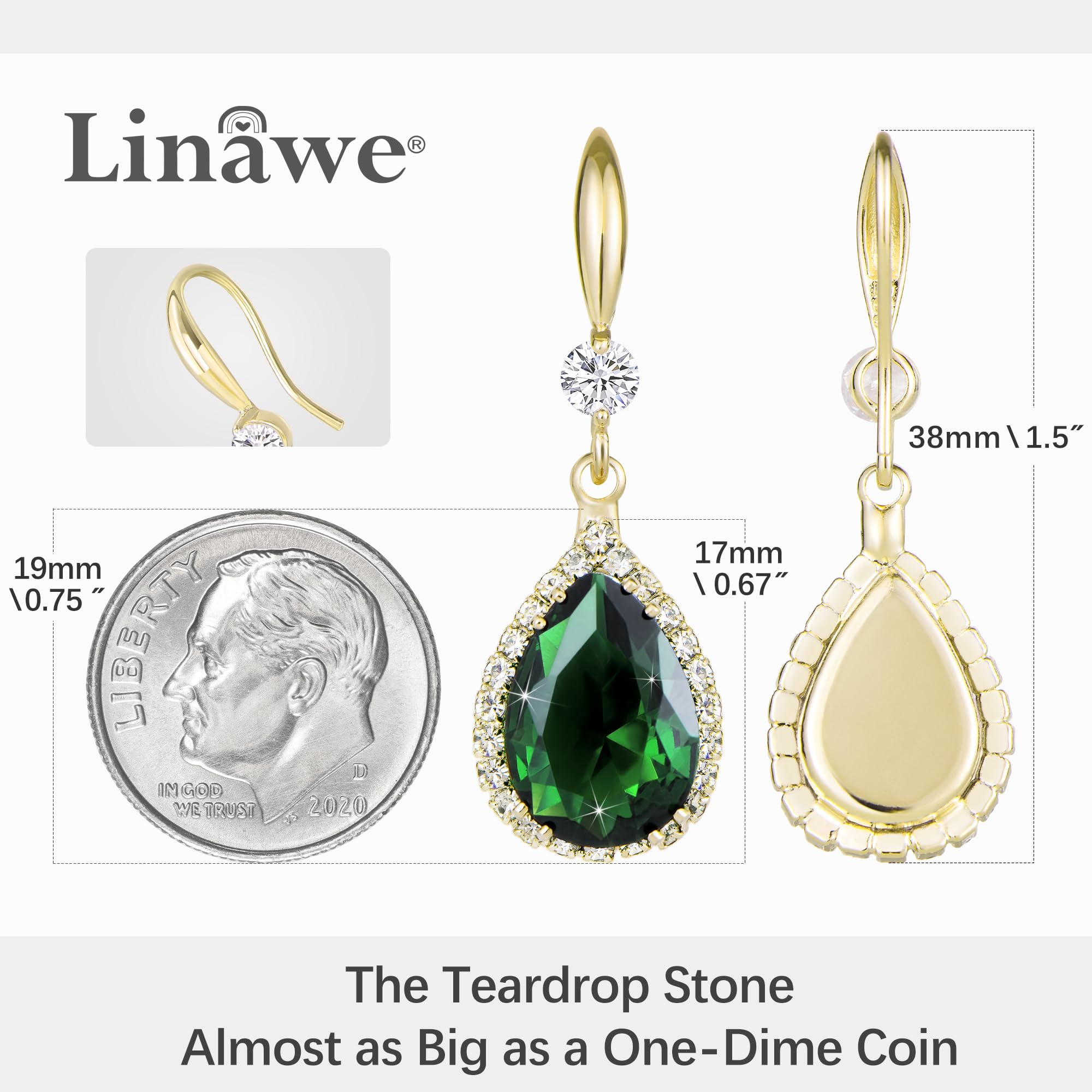 Linawe Emerald Green Earrings for Women Trendy, 14K Gold faux Diamond Rhinestone Cubic Zirconia Crystal Earrings, Teardrop Birthstone Lime Green Earrings, Wedding Jewelry Set