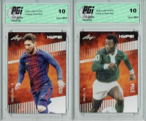 2) pele 2020 leaf hype! #45 & lionel messi #46 sp card lot pgi 10 just 5000 made