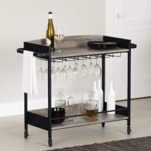 South Shore City Life Bar Cart with Wine Glass Rack, Black and Faux Carrara Marble