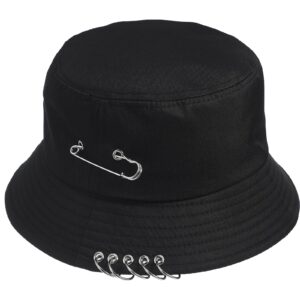 bestoyard chic unisex bucket hat sunhat bonnie caps summer packable with pin piercing decorations (black), 30 x30 x 10 cm