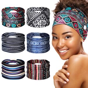 chuangdi 6 pieces headband with buttons for mask african boho knot turban headbands nurse elastic beach hair accessories(attractive patterns)