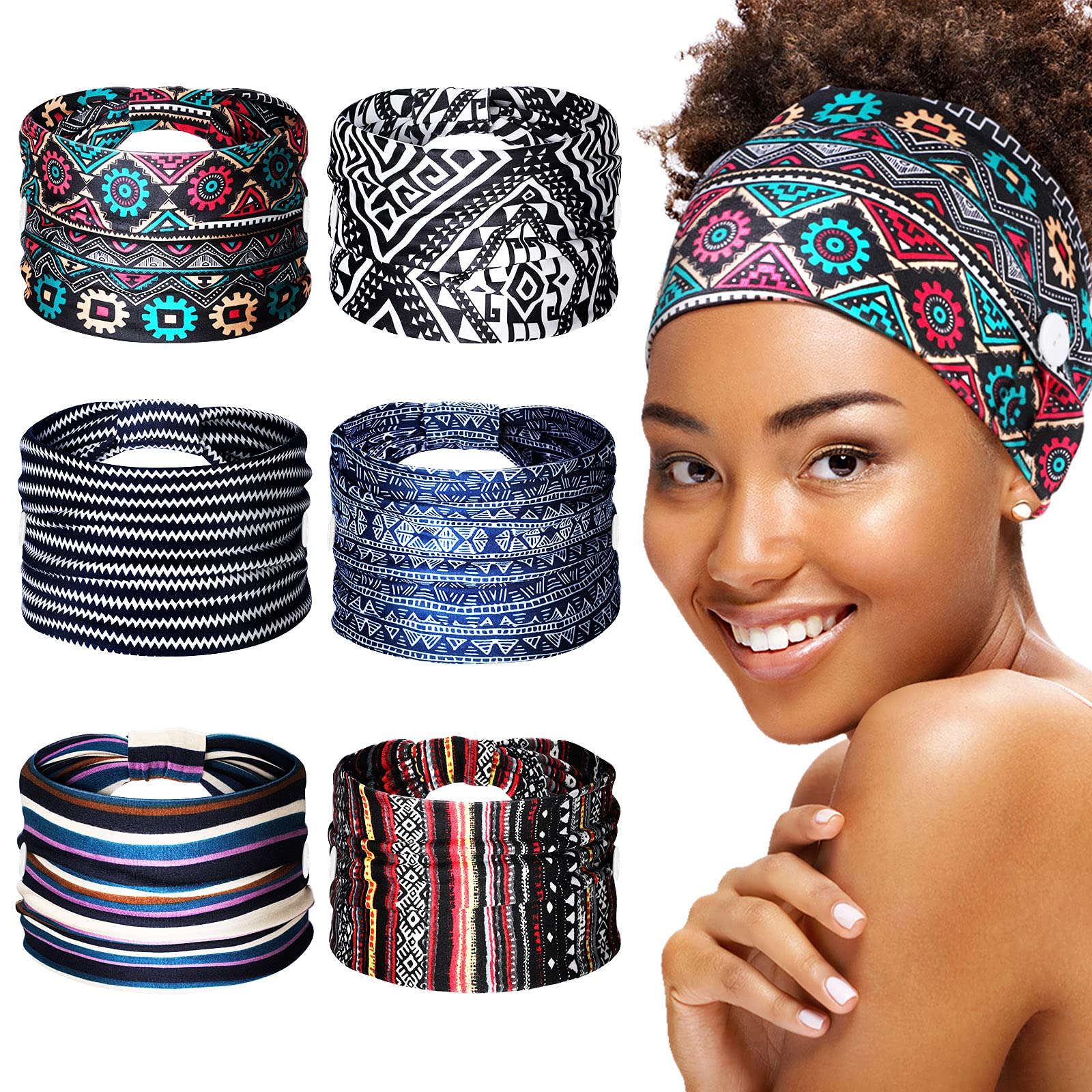 Chuangdi 6 Pieces Headband with Buttons for Mask African Boho Knot Turban Headbands Nurse Elastic Beach Hair Accessories(Attractive Patterns)