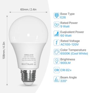 ORALUCE LED Light Bulb, A19 9W Lightbulbs, 60 Watt Equivalent, 120V 900LM, 6500K Cool White, E26 Medium Base, Non Dimmable, Energy Efficient, UL Listed, 6 Pack