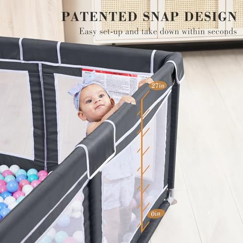 ANGELBLISS Baby Playpen, Extra Large Playard, Indoor & Outdoor Kids Activity Center with Anti-Slip Base, Sturdy Safety Play Yard with Breathable Mesh, Kid's Fence for Toddlers(Dark Grey,71”x59”)