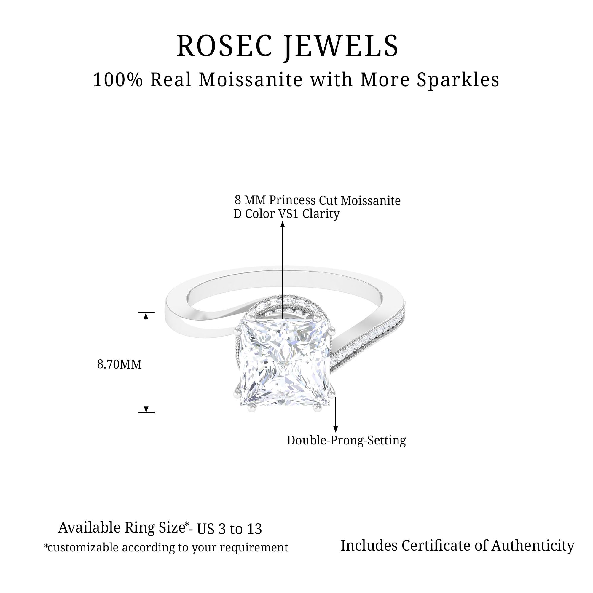 Rosec Jewels Certified Moissanite Solitaire Bypass Engagement Ring for Women | 3.75 Cttw | 8 MM | D-VS1 Quality, 14K White Gold, Size:US 6.50