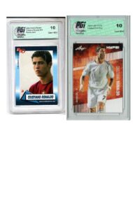 2) cristiano ronaldo 2020 leaf hype! #47 & 2004 rookie review card lot pgi 10