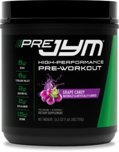 pre jym grape candy pre workout powder - bcaas, nootropics, creatine hci, citrulline, beta-alanine, betaine, taurine, huperzine | jym supplement science | 30 servings