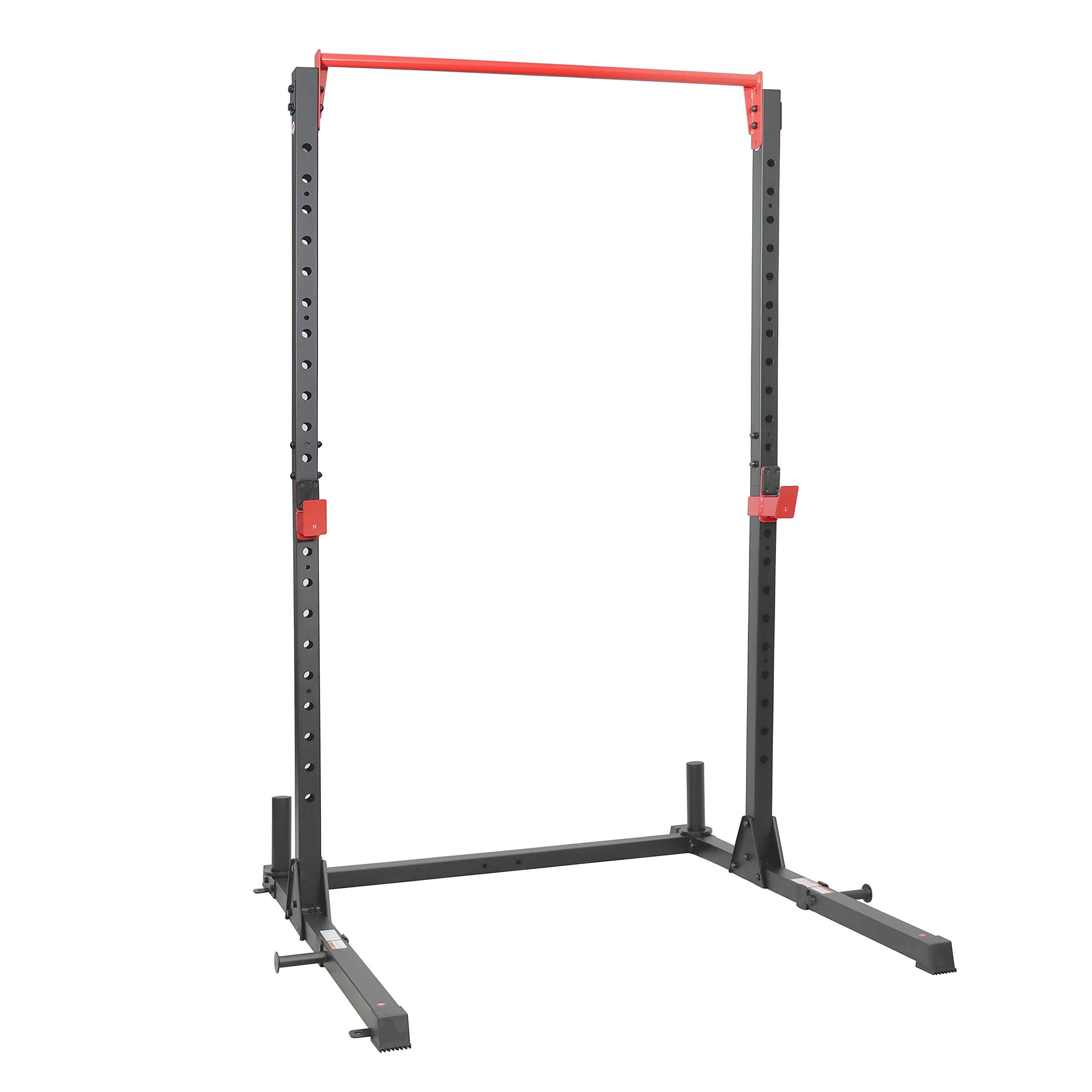 Sunny Health & Fitness Essential Adjustable Power Rack Squat Stand With J-Hooks, Adjustable Pull Up Bar, Weight Plate Holders, Resistance Band Posts Optional Incline Bench, LAT Pull Down Attachment