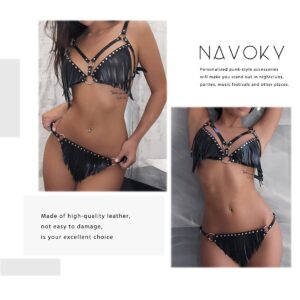 Navoky Punk Leather Waist Chain Black Tassel Belly Body Chains Jewelry Accessories for Women and Girls