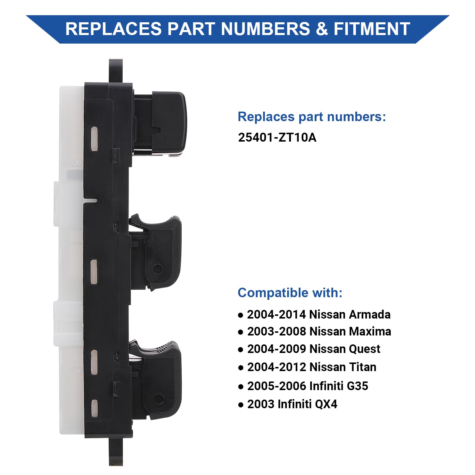 Obaee Master Window Switch Driver Side Compatible with Nissan Titan Crew Cab 2004-2012 / Armada 2004-2014 / Maxima 2003-2008 / Quest 2004-2009, Infiniti G35 / QX4, Replaces 25401-ZT10A 25401ZT10A